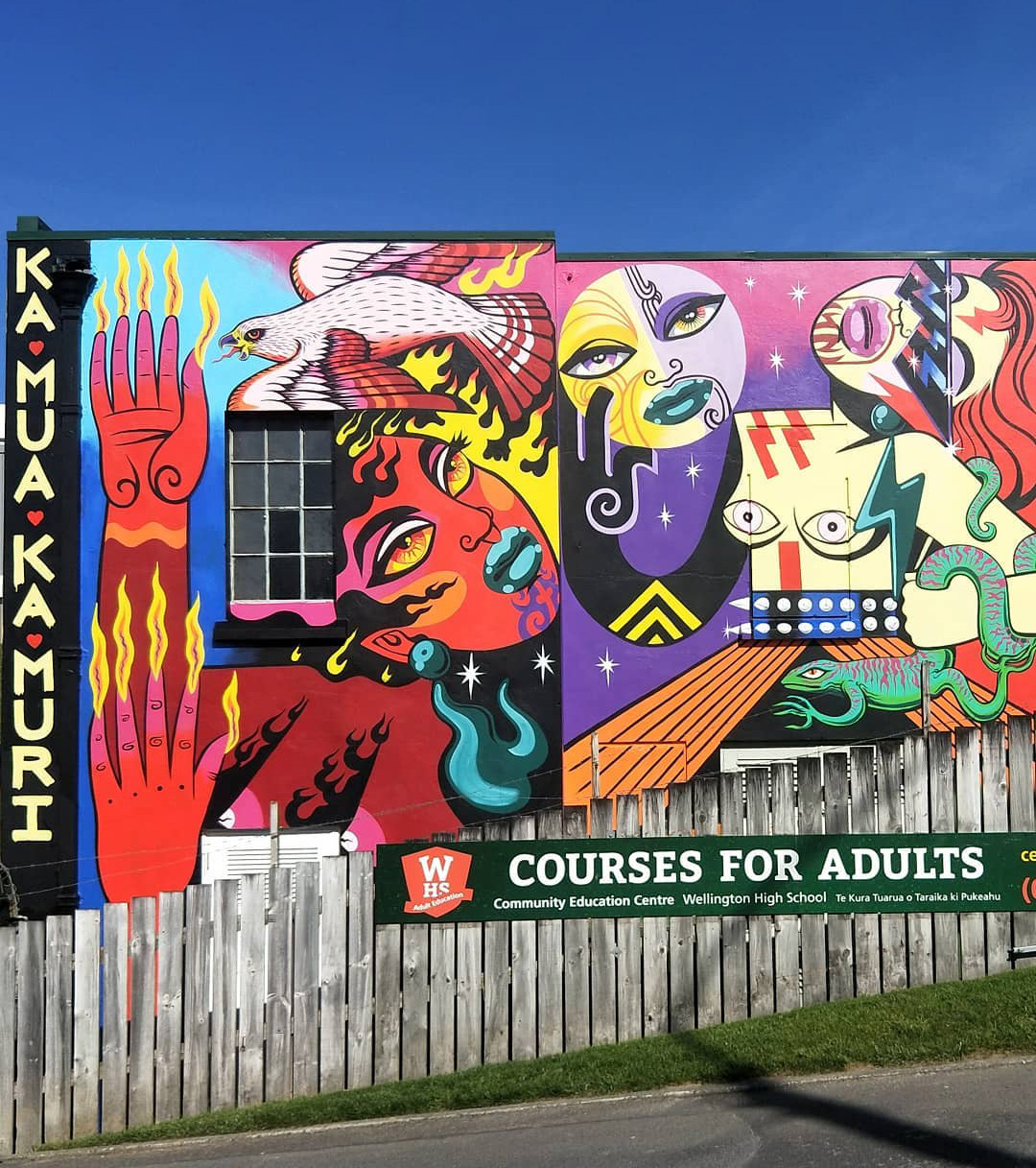 Ka Mua, Ka Muri mural by Xoë Hall at Massey Wellington | Toi ...