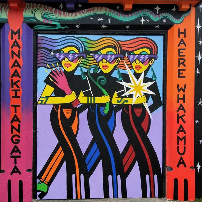 Ka Mua, Ka Muri mural by Xoë Hall at Massey Wellington | Toi ...